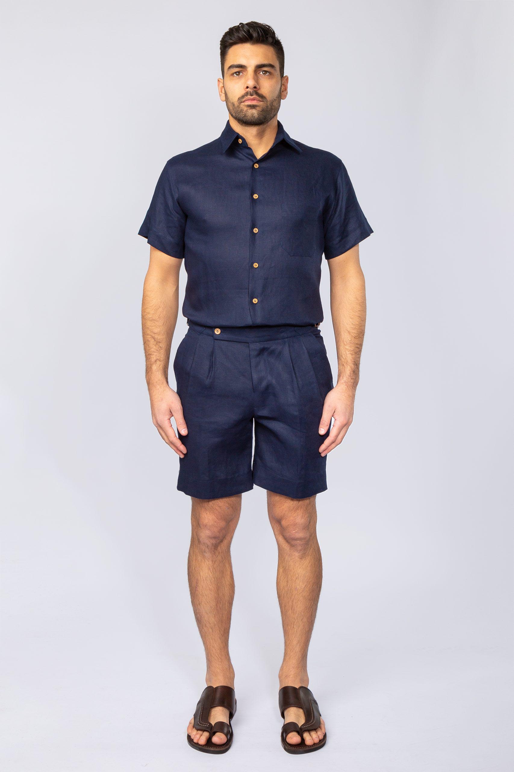 Navy Linen Double Pleat Shorts - MR. CUFF